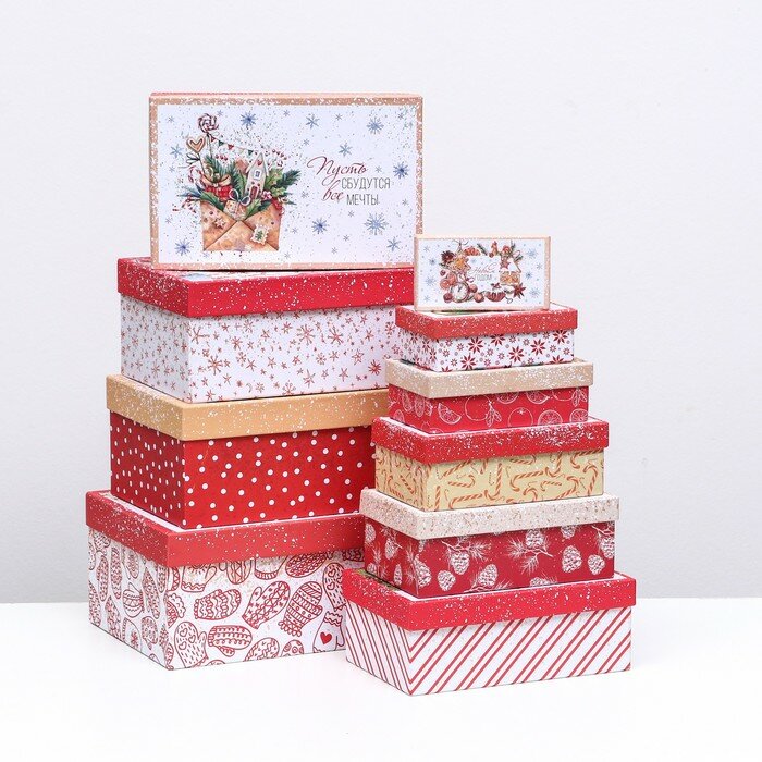 Набор подарочных новогодних коробок 10 в 1 «Исполнения желаний», 30 × 19 × 11.5 - 11×6×4 см.