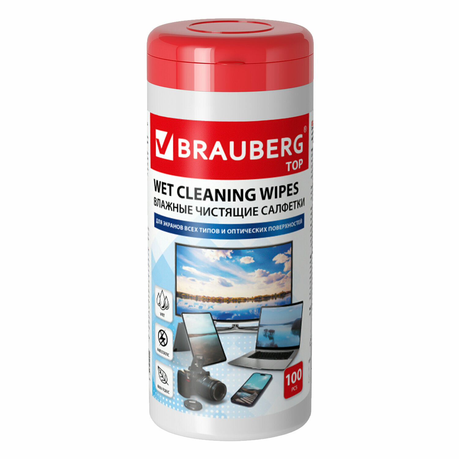 Салфетки для экранов всех типов и оптики BRAUBERG ТОП, туба 100 шт, влажные, 513812