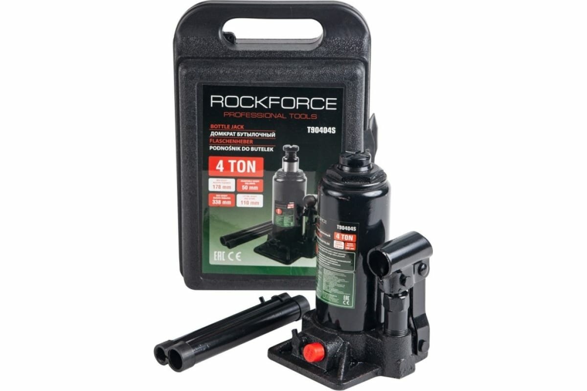 ROCKFORCE Домкрат гидравлический бутылочный с клапаном 4т (выс. подъема 180-350мм) в кейсе RF-T90404SEURO
