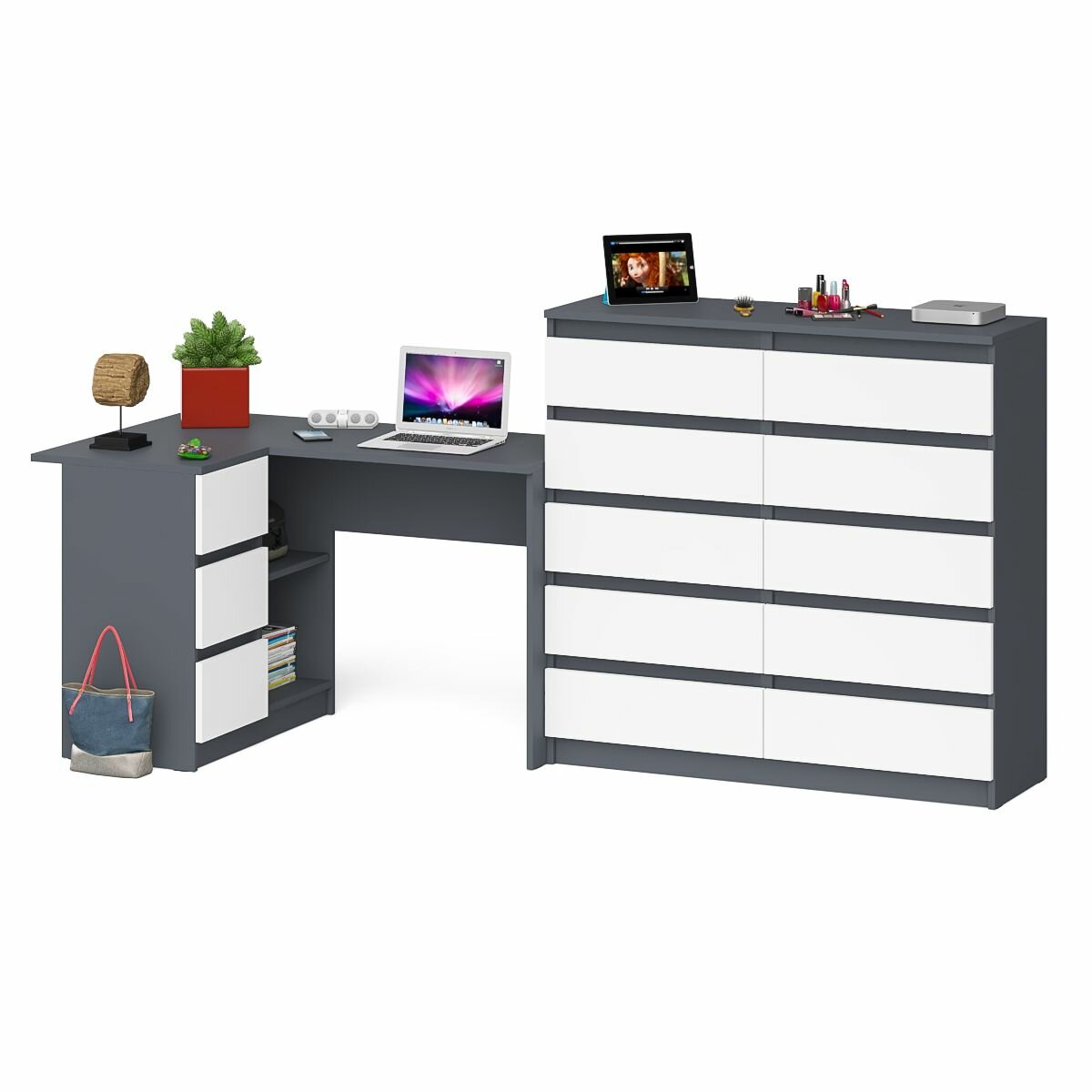 Компьютерный стол угловой СВК Мори МС-16 с тумбой слева с высоким комодом 10-ть ящиков графит/белый, 244,8х84,9х115 см.