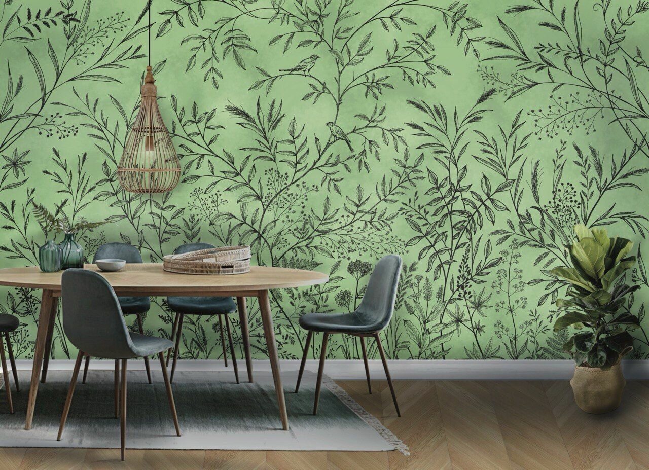 Обои бесшовные "Птички в полевых цветах" фисташковый (ширина 3100мм х длина 3000мм)