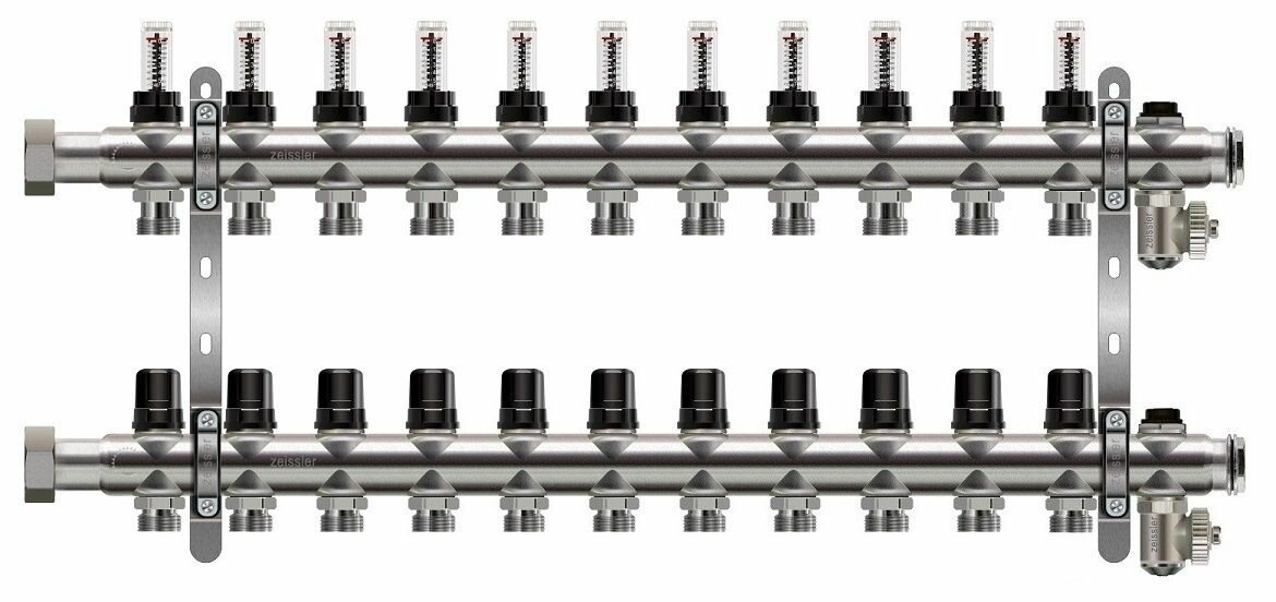 Коллекторная группа Zeissler (KCS1011) 1" ВР-ВР, 11 отводов 3/4", нержавеющая сталь, расходомер, воздухоотводчик, сливной кран