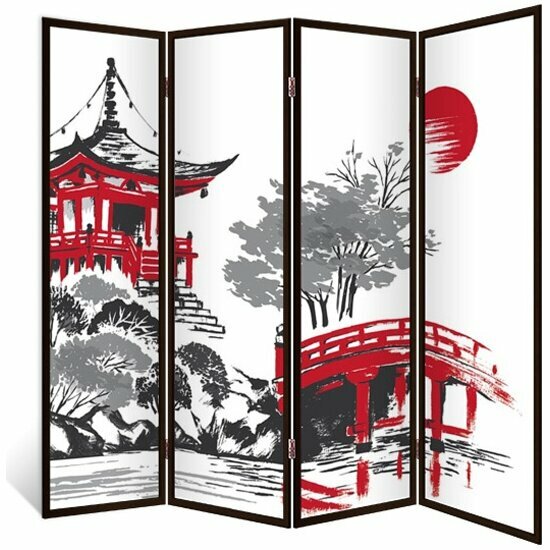Ширма перегородка Декор Депо для комнаты деревянная "Пагода на холме" двухсторонняя с картинкой (живопись) 4 створки венге 176х185 см 14 кг