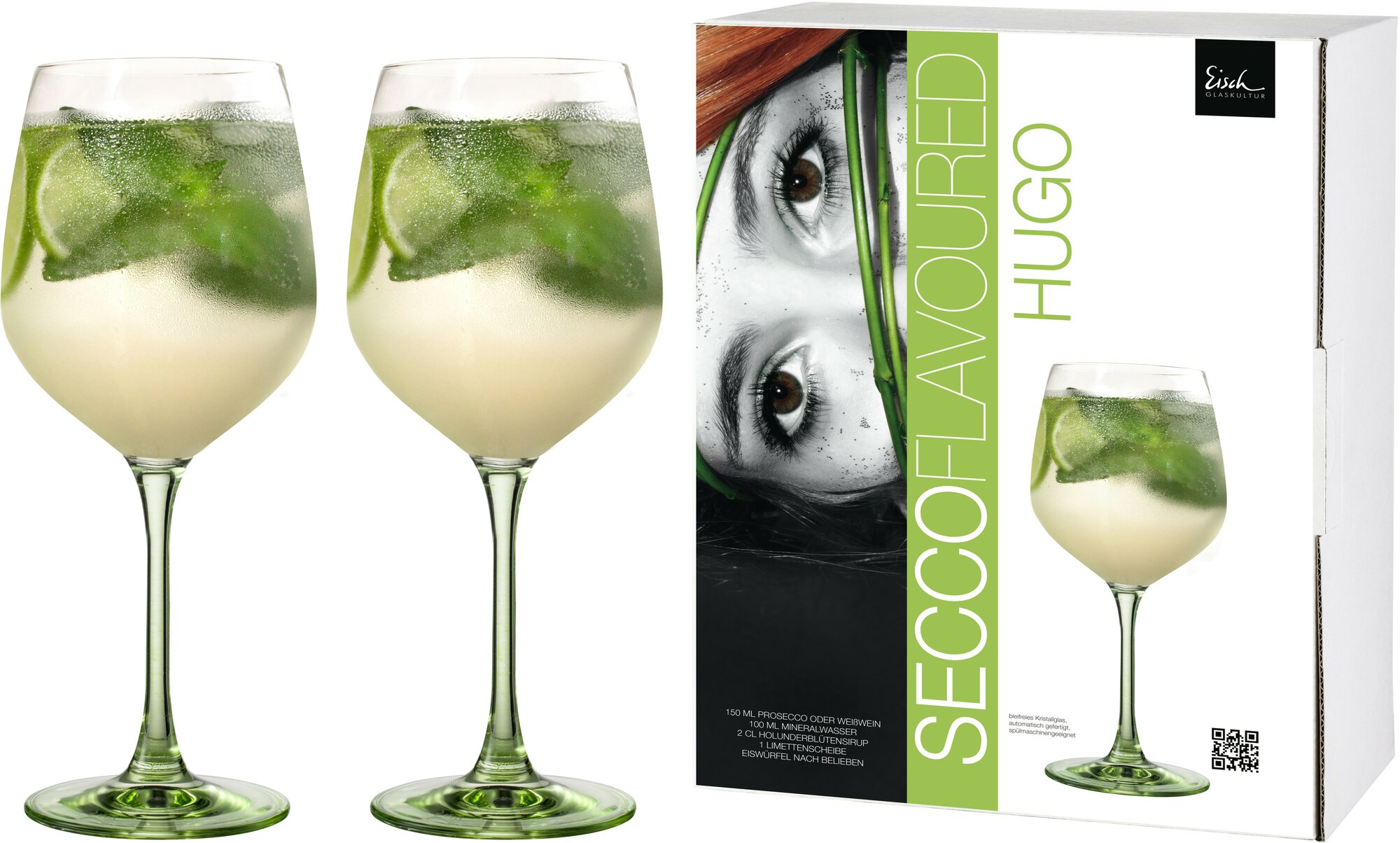 15512021 Набор бокалов Хуго 505/1 на зеленой ножке , 2 шт в подарочной упаковке, Секко Флейворд, EISCH