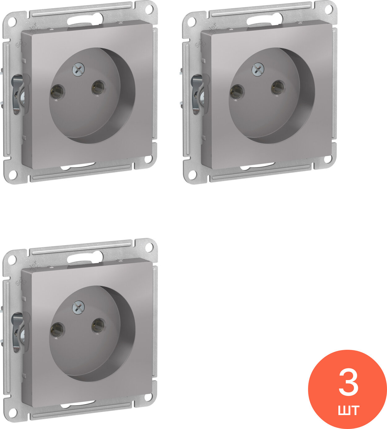 Розетка силовая штепсельная Systeme Electric / Систем Электрик AtlasDesign, 16А 250В IP20 алюминий, без заземляющего контакта ATN000341 / электрооборудование (комплект из 3 шт)