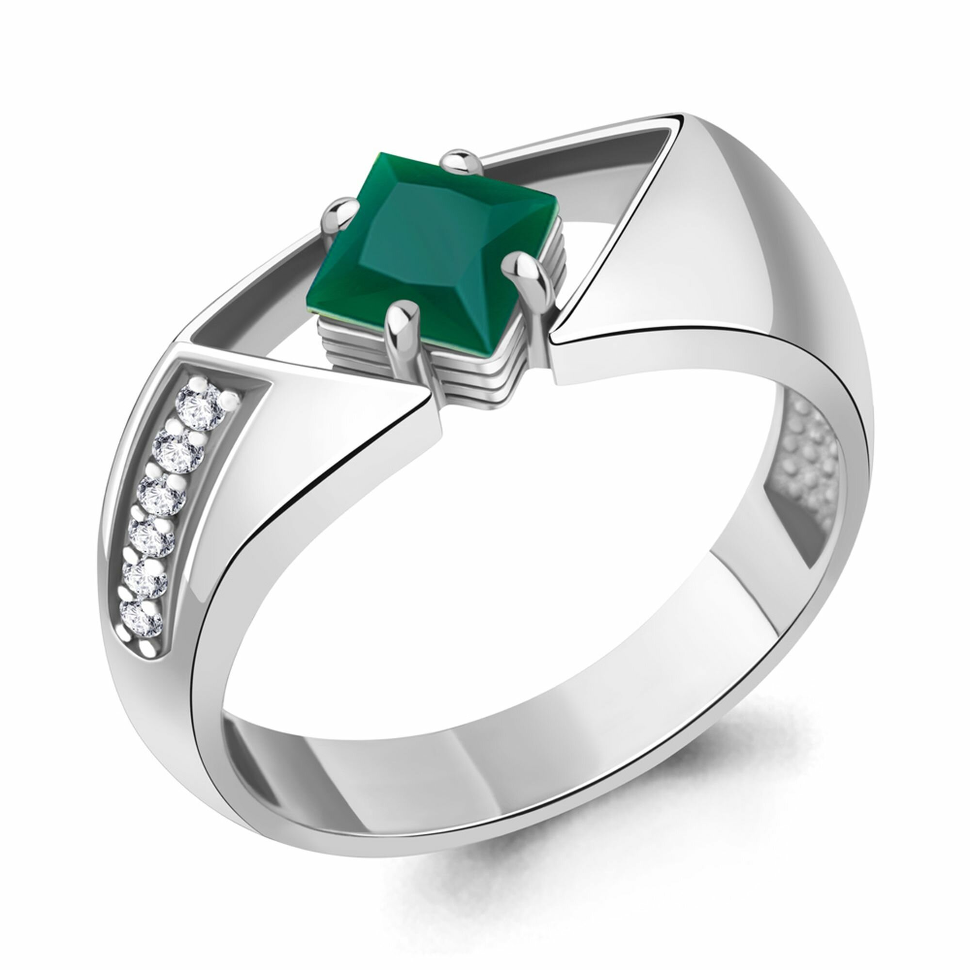 Кольцо, серебро, 925 проба, родирование, агат, фианит