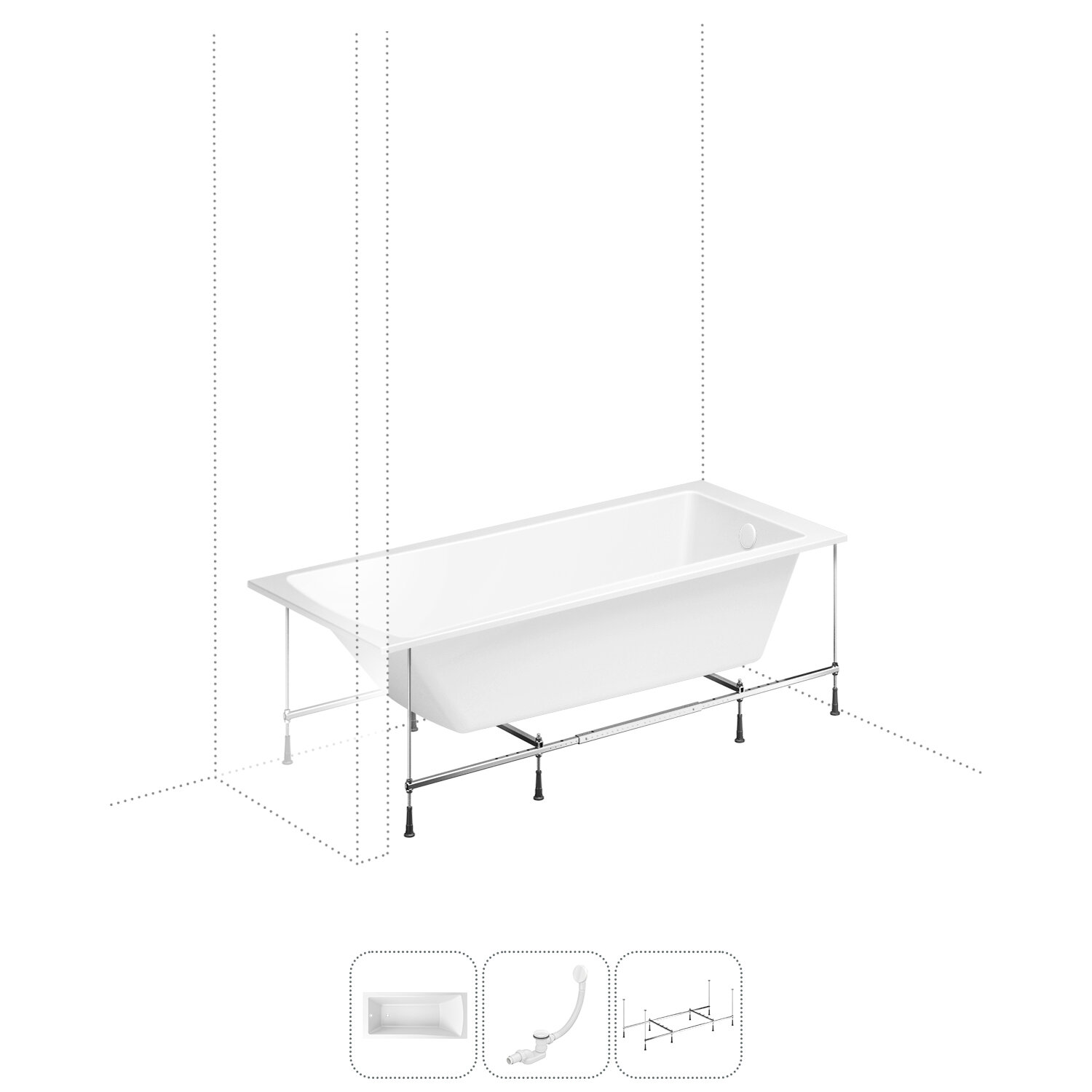 Акриловая ванна 140x70 с каркасом Lavinia Boho One 202010974 в наборе 3 в 1: прямоугольная ванна 140 x 70 см, слив-перелив, каркас