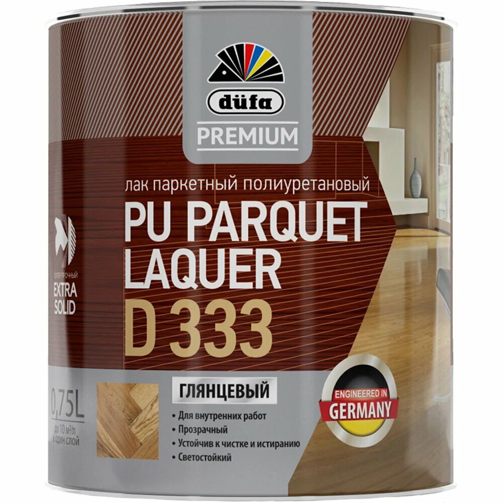 Лак Dufa Premium PU PARQUET LAQUER D333 полиуретановый, паркетный, глянцевый, 0.75 л МП00-011073, ДСП, прочный