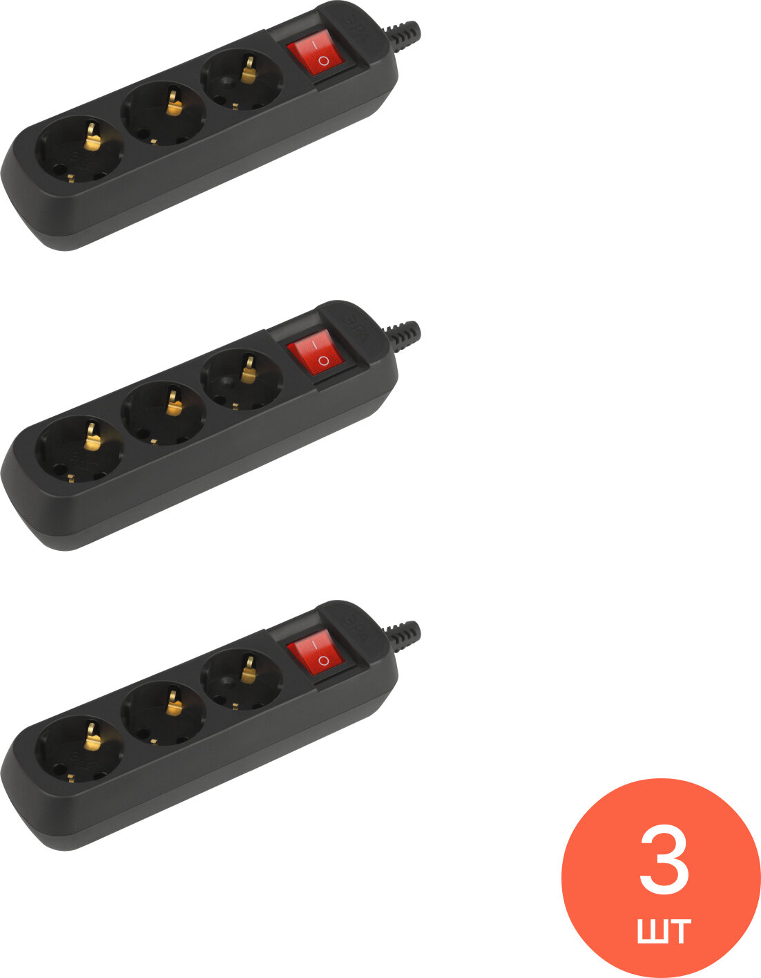 Блок розеток ЭРА KX-3es-B 3 гнезда 16А 3500Вт IP20 с заземляющими контактами и выключателем, черный Б0061723 / колодка электрическая для удлинителя (комплект из 3 шт)