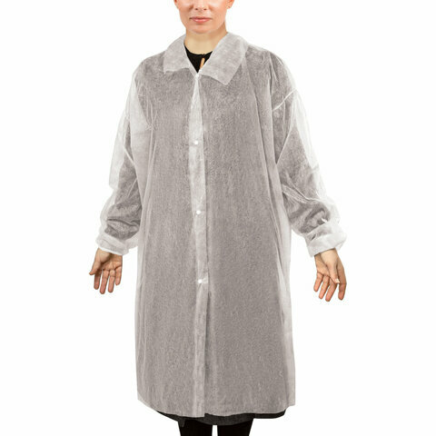 Халат одноразовый белый на кнопках комплект 10 шт, XL, 52-54 размер, 110 см, рукав на резинке, 30 г/м2, оптитрейд