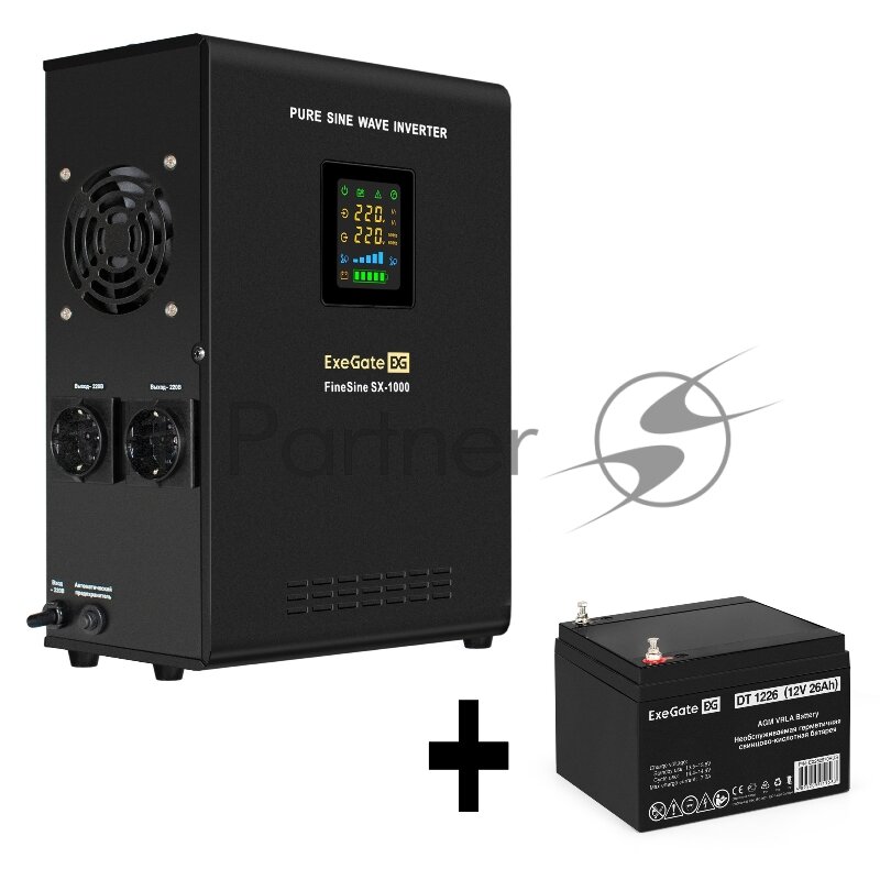 Комплект ИБП EX295997RUS + батарея 26Aч EX282970RUS 1шт (инвертор, синус, для котла, настенный) ExeGate FineSine SX-1000. LCD. AVR.2SH <1000VA/600W, чистая синусоида, цветной LCD-дисплей, AVR, 2*Schuko, линейно-интерактивный, крепление настенное/универ