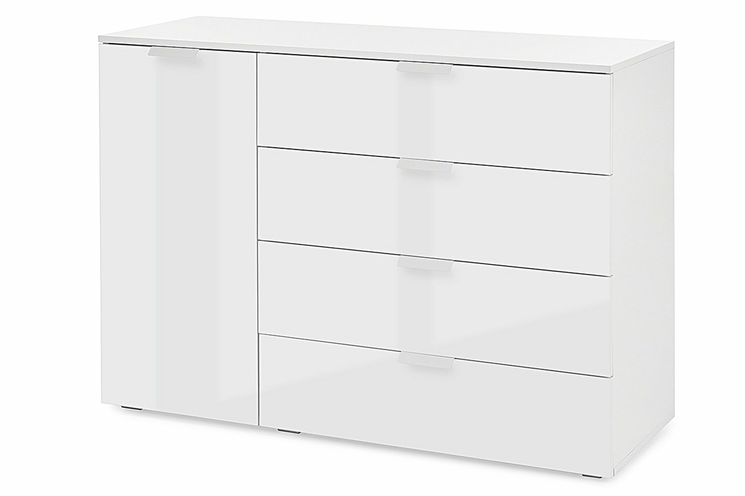 Комод для одежды деревянный, глянцевый Бруклин, 4 ящика, 120х45х89.3 см, Белый/Глянец