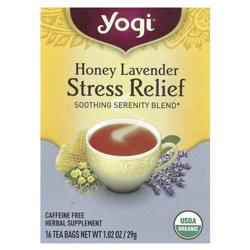 Yogi Tea, Stress Relief, мед и лаванда, без кофеина, 16 чайных пакетиков, 29 г (1,02 унции)