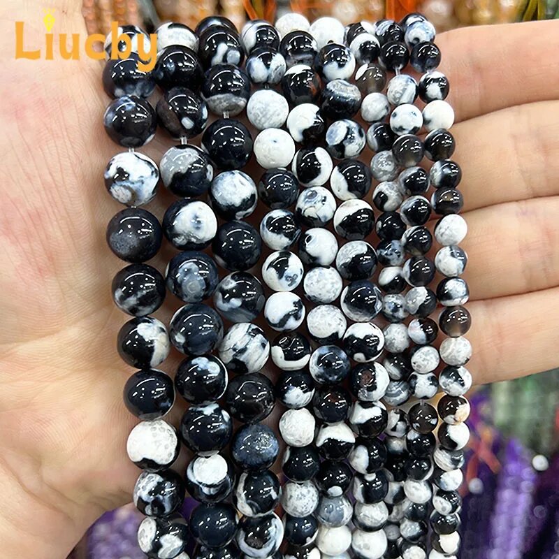 Черно-белые бусины из огненного агата 6/8/10 мм, 15 дюймов 6mm-about 62pcs