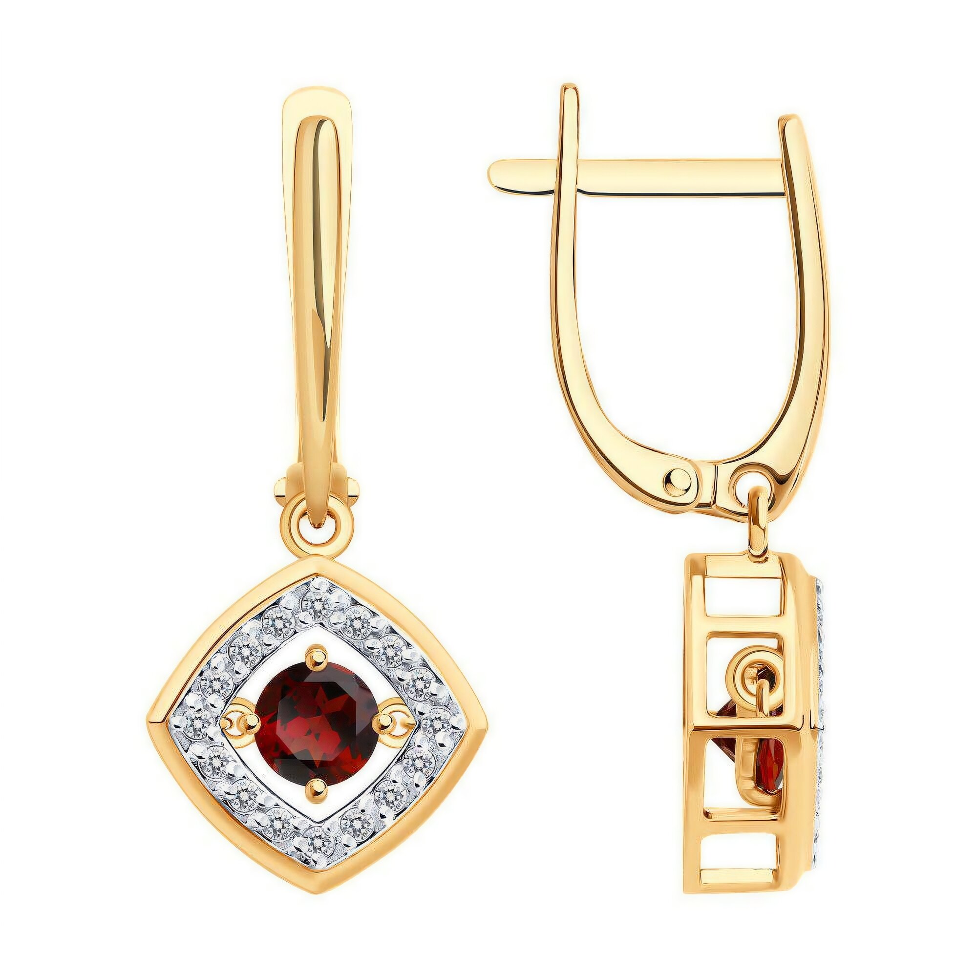 Серьги, красное золото, 585 проба, гранат, фианит
