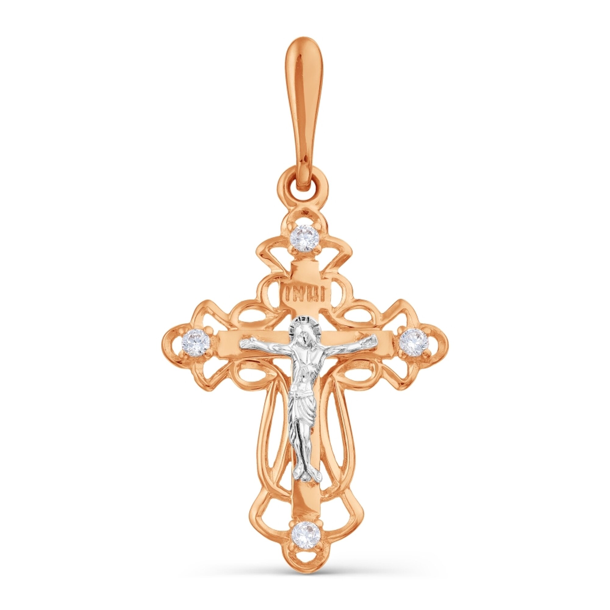 Крестик, красное золото, 585 проба, фианит
