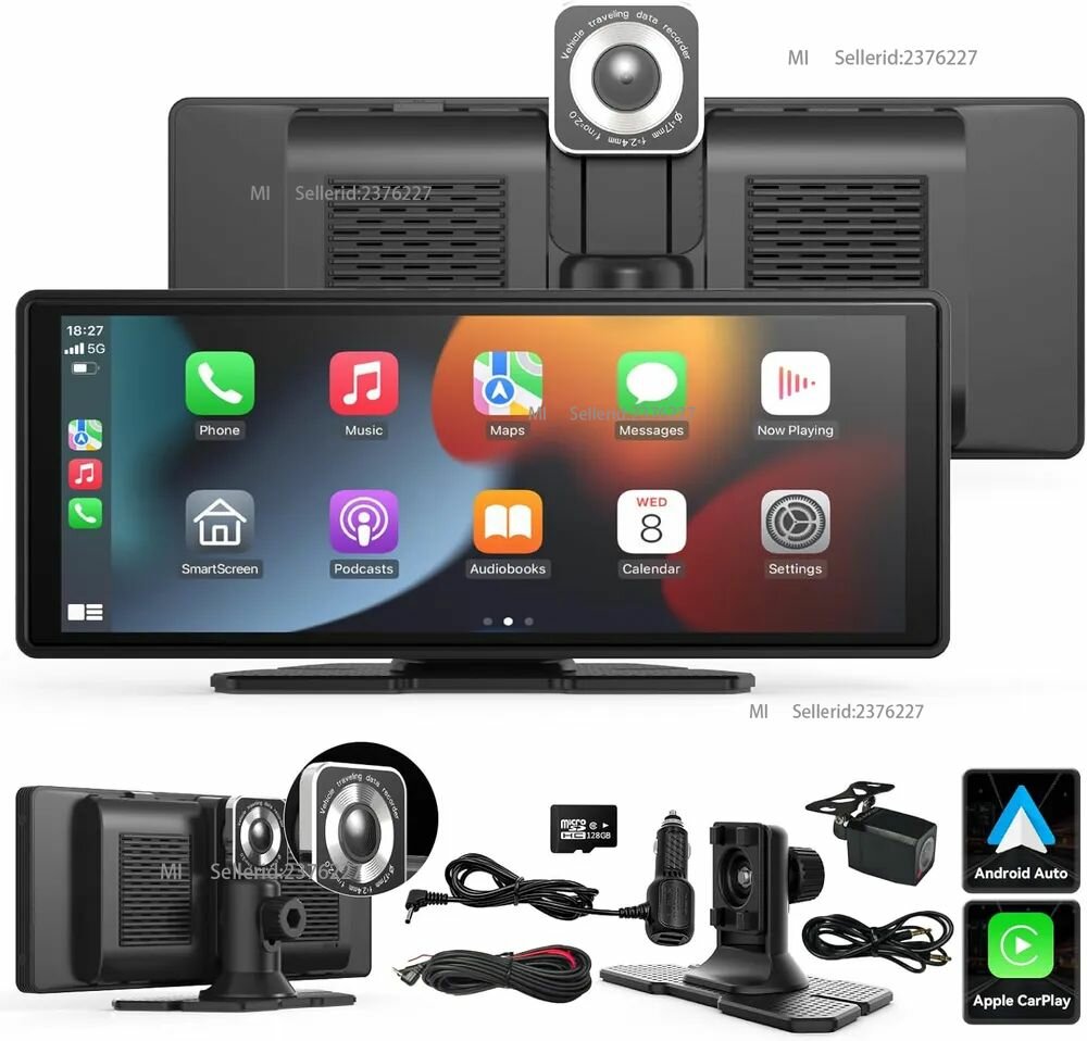 Автомагнитола 10.2" 128ГБ беспроводной CarPlay и Android Auto, сенсорный экран, с фронт. 4K и зад. 1080P камерой