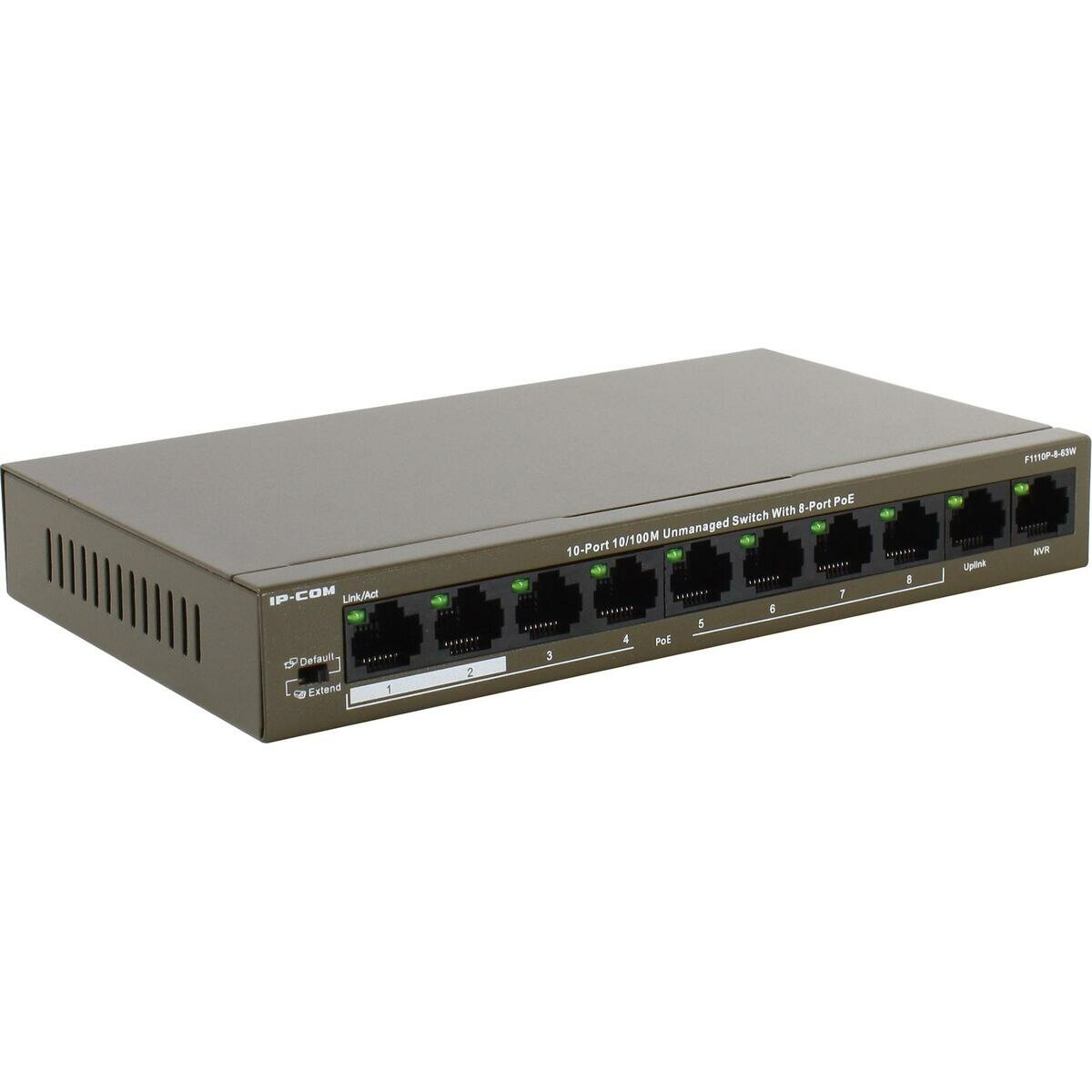 IP-COM F1110P-8-63W Коммутатор неуправляемый PoE, 10 портов, 10x100 Мбит/с, PoE 8х30 Вт, 2хUplink, настольный