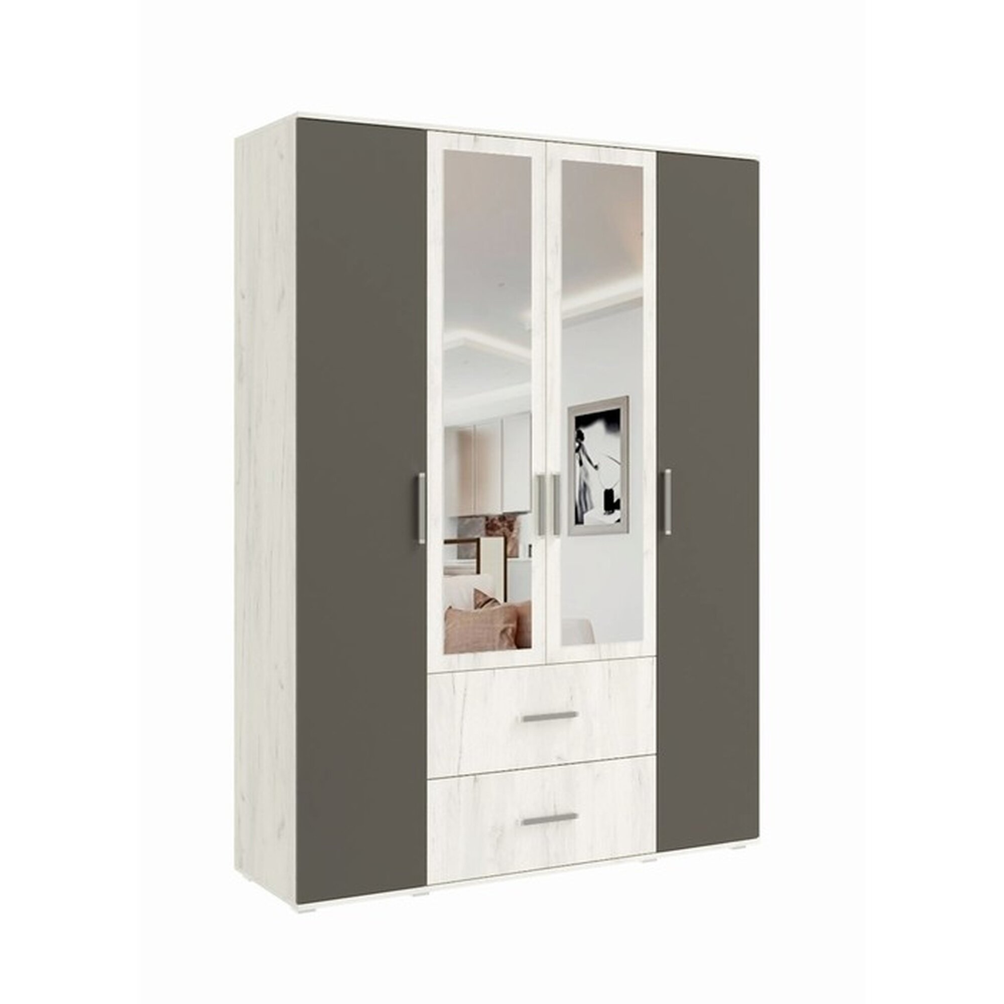 Шкаф четырехстворчатый «Фиеста», с зеркалом, 1600×510×2236 мм, графит/дуб крафт белый