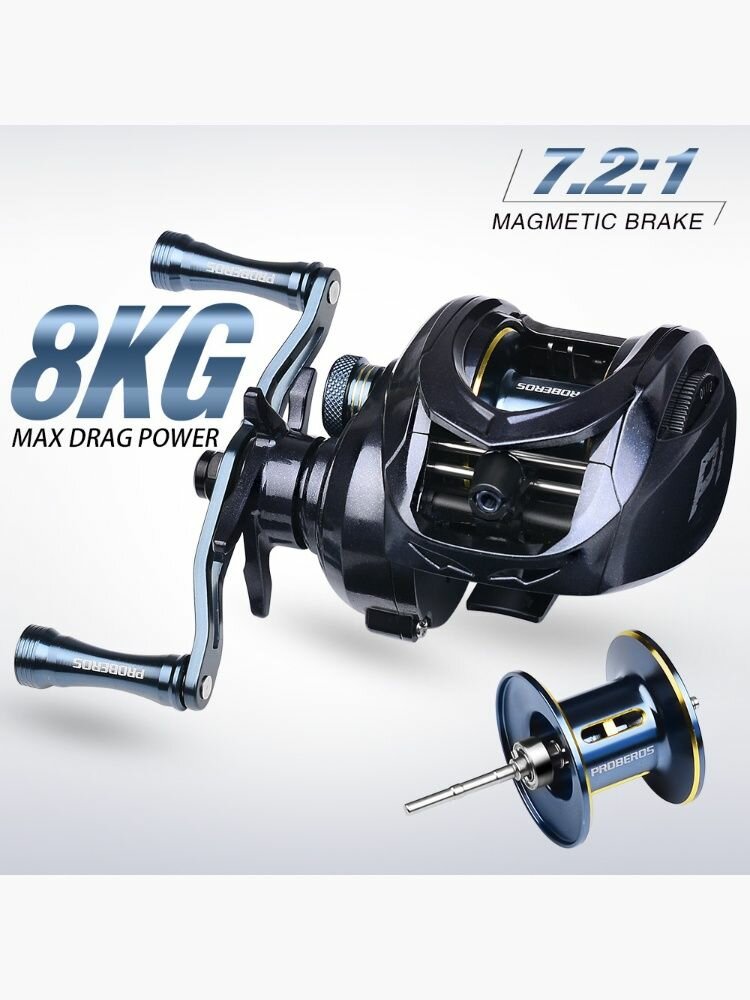 Катушка мультипликаторная, металл, пластик, фрикционный тормоз, 7.2:1, 5+1 подшипник, 100 м лески, черная