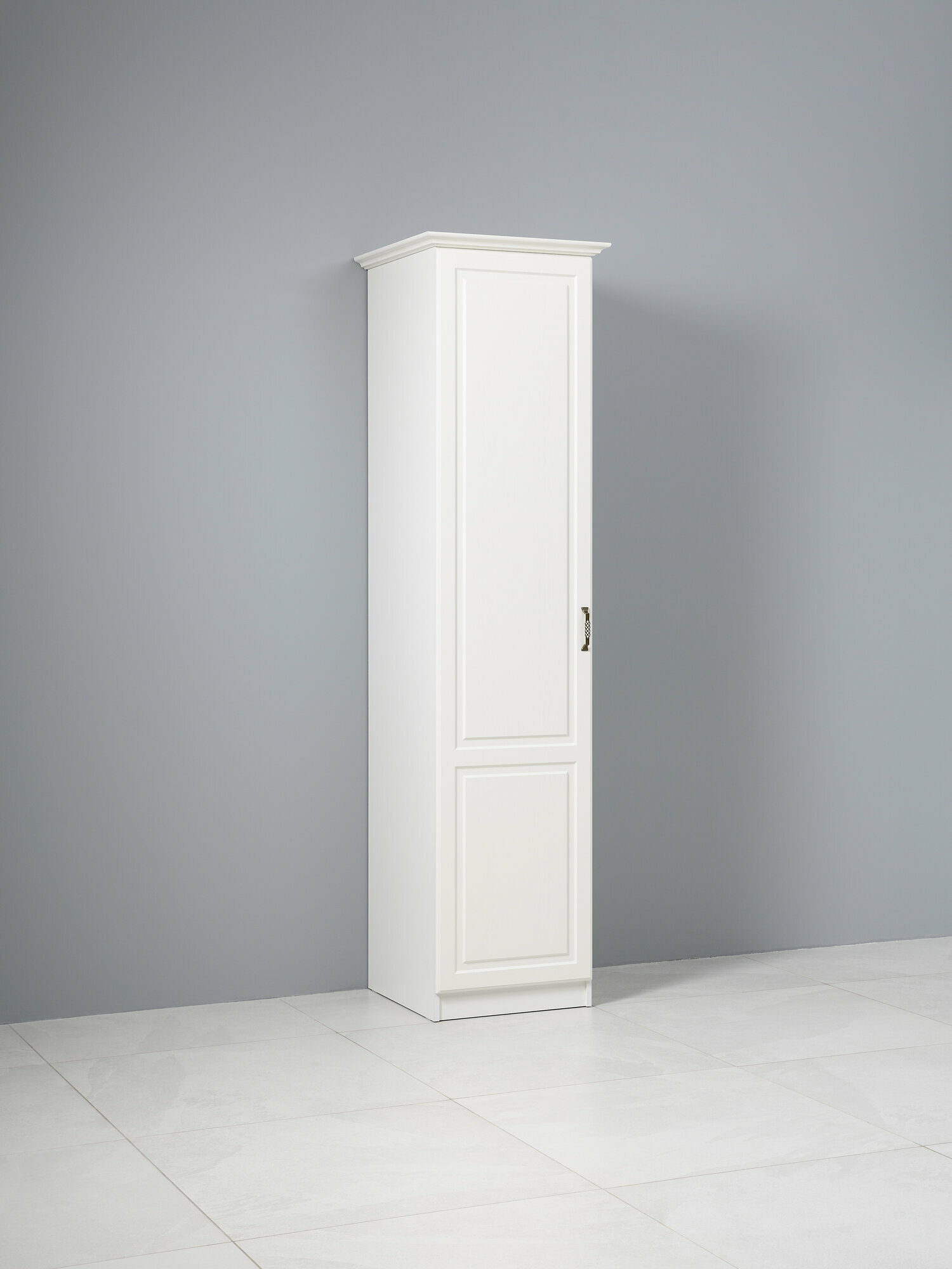 Распашной шкаф-пенал Ливерпуль с полками, со штангой, с карнизом, 50х54.1х223.5 см, Ясень Ваниль / Белый