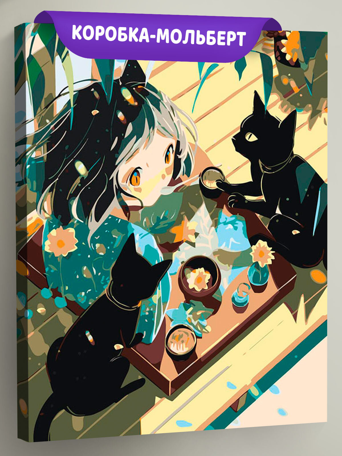 Картина по номерам на холсте с подрамником "Аниме: Чайная церемония с двумя черными котами", Раскраска 40х50 см, Девочки