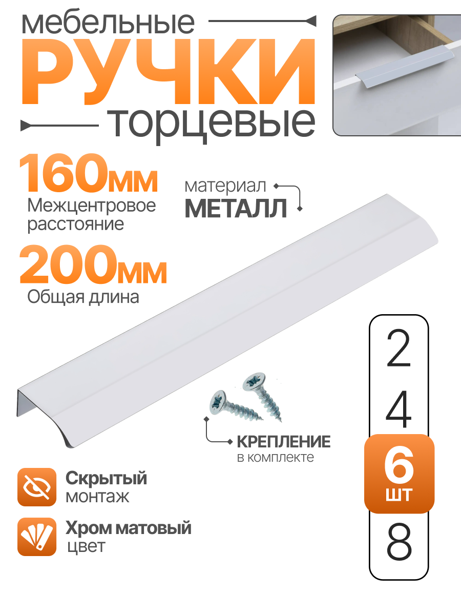 Ручка торцевая мебельная накладная 160 мм, 20 см, 6 шт