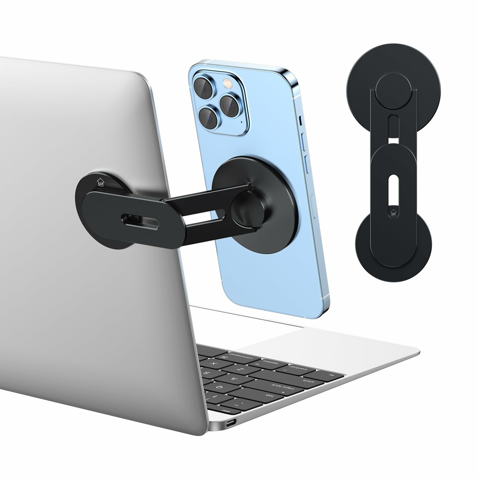 Держатель для телефона MagSafe на магните для ноутбука, iPhone 16/15/14/13/12 и всех телефонов, регулируемый подставка для телефона со стороны на 180°, для мониторов компьютера Tesla, комплект из 1 держателя для телефона, 1 карты выравнивания телефона, 1