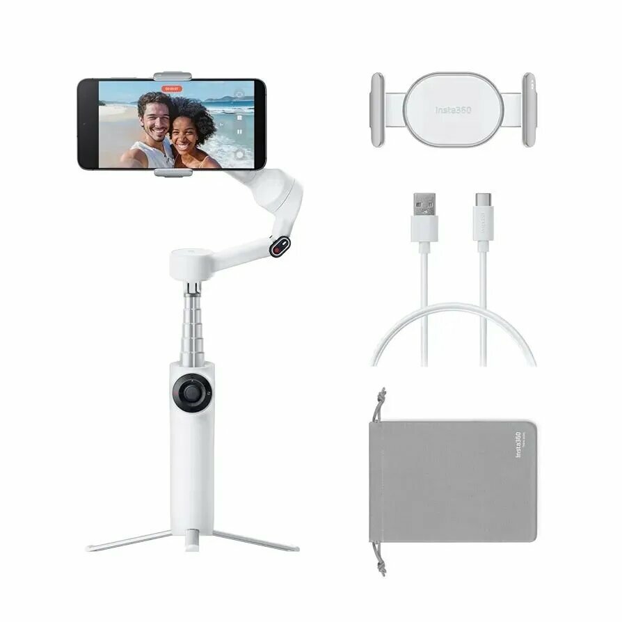 Insta360 Flow 2 White - Складной AI Стабилизатор для Смартфона с ИИ-трекингом, Отслеживанием Людей, Встроенным Штативом/Моноподом, Пультом (iPhone/Android)