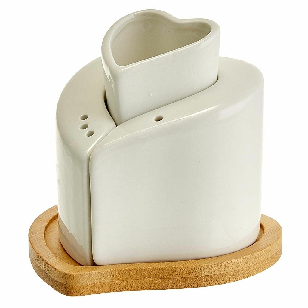 Подарочный набор для специй с салфетницей, фарфор, 3 предмета на бамбуковой подставке