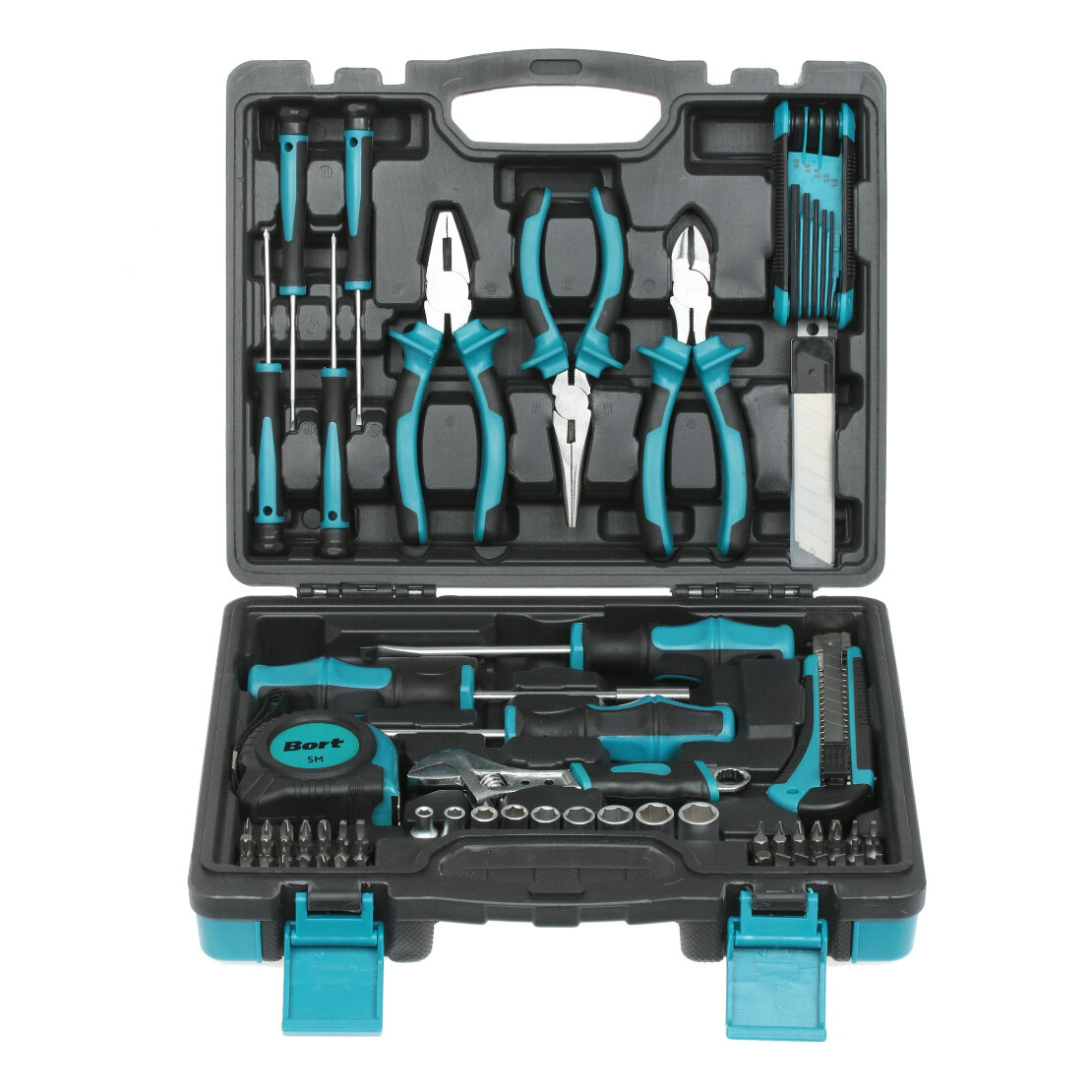 Набор инструментов Bort BTK-82, 82 предмета, хром-ванадиевая сталь, черный/синий