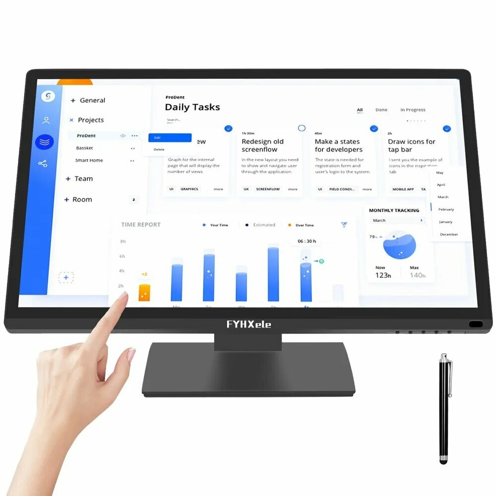 FYHXele 22" Монитор Емкостный сенсорный экран 22-дюймовый (2025 Новое обновление) IPS LED-дисплей 75 Гц, порты HDMI и VGA, черный