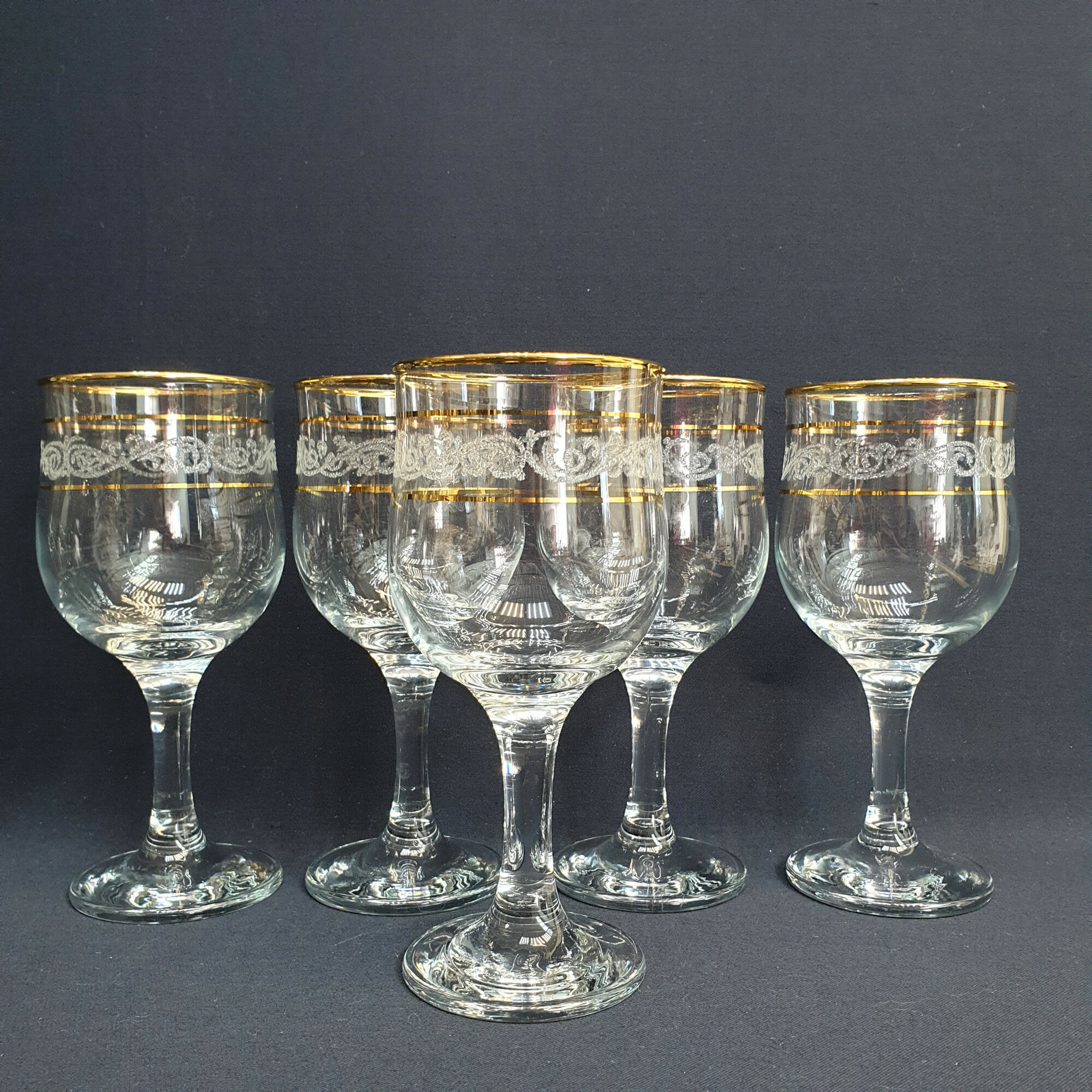 Набор бокалов 5 шт 17 см 270 мл, стекло - насыпное, позолота. Винтаж, СССР.