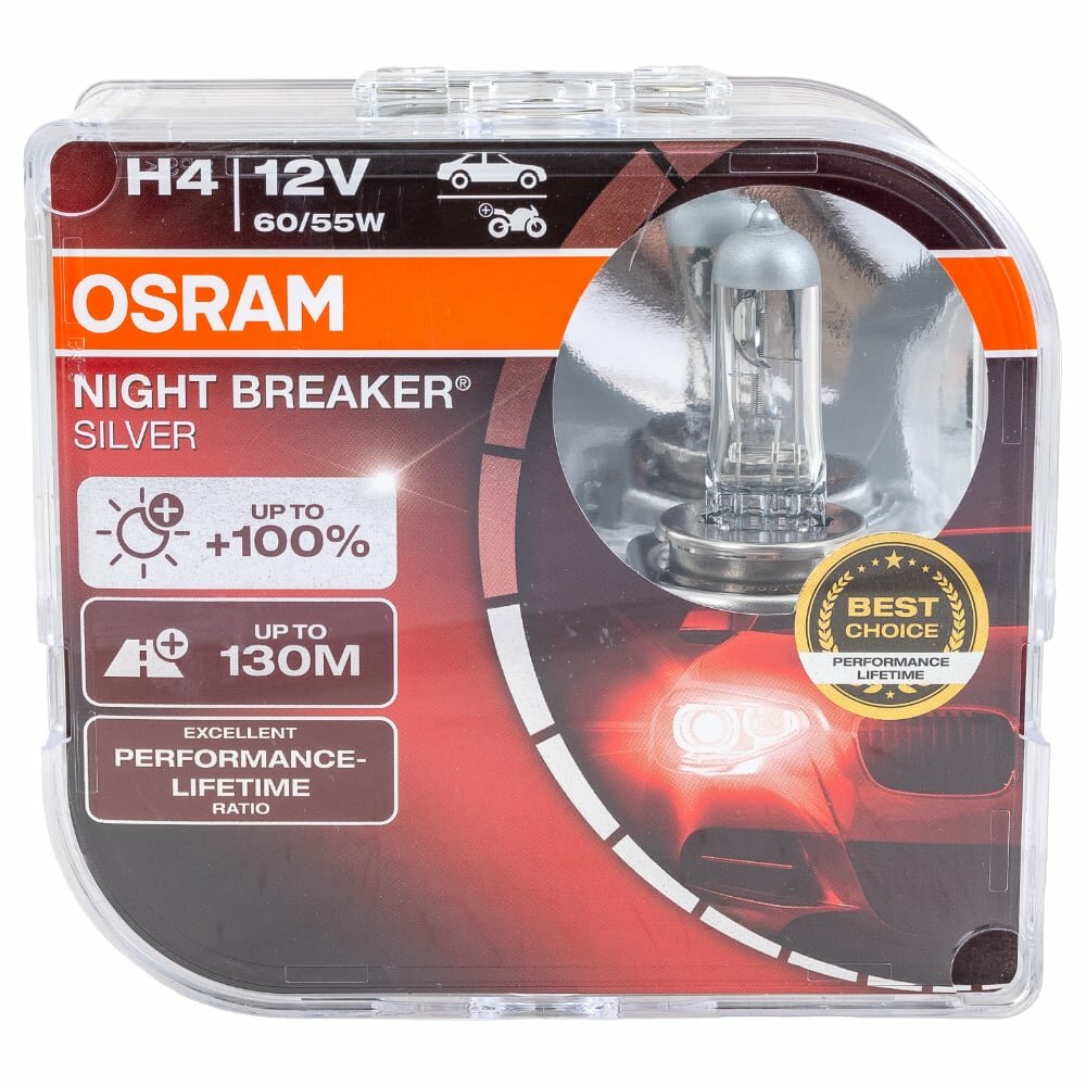 Автолампа Osram H4 60/55 P43t+100% NIGHT BREAKER SILVER 12V /1/10