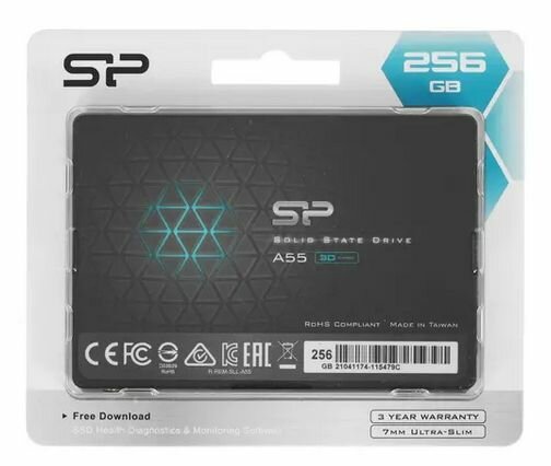 256 ГБ 2.5" SATA накопитель Silicon_Power Ace A55 (SP256GBSS3A55S25) - SATA, чтение - 560 Мбайт/сек, запись - 500 Мбайт/сек, 3D NAND, 3 бит TLC