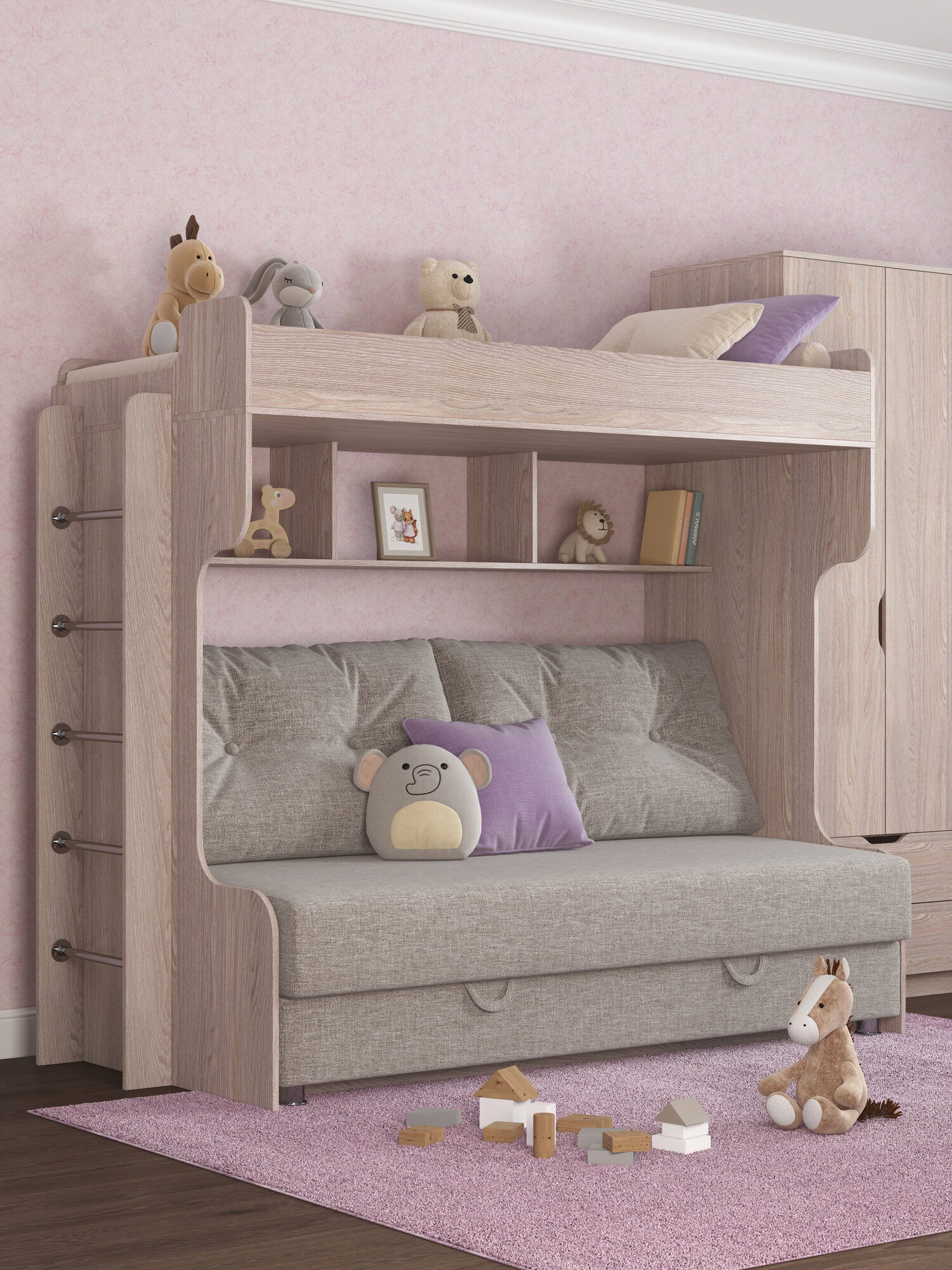 Есэндвич Альпика Кровать двухъярусная с диваном (Анкор светлый/Savana Latte) 205х104х180 см