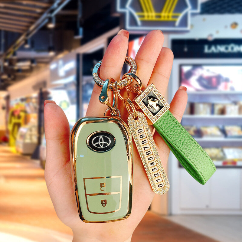 Чехол для брелока ключа Toyota Smart Two-Key - зеленый чехол с зеленым квадратным шнуром и номером подходит для Camry