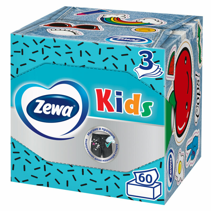 Набор из 3 штук Салфетки для лица бумажные Zewa детские Kids Зоопарк, 3х слойные, 60шт (куб)