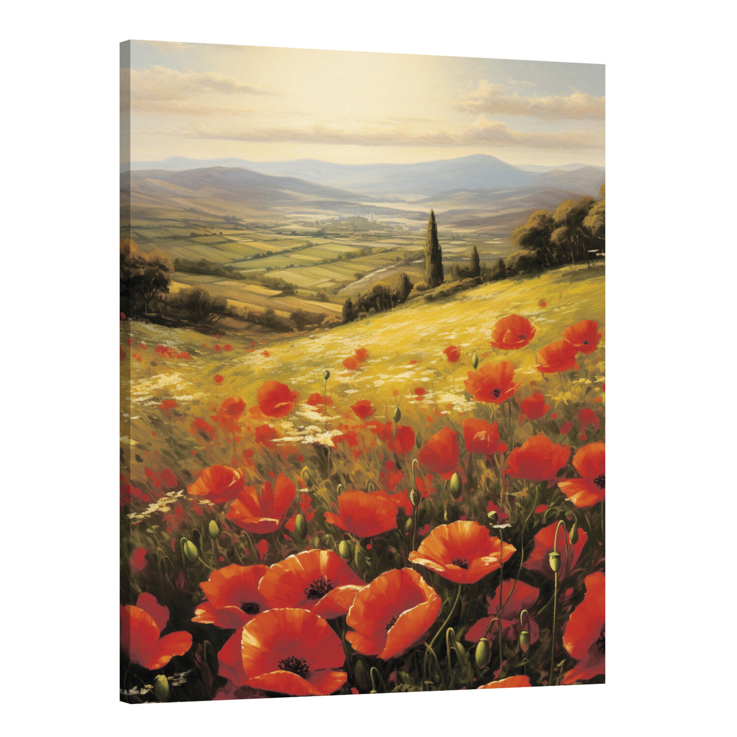 Интерьерная картина 50х70 "Пейзаж с солнцем, лугом и цветущими маками"