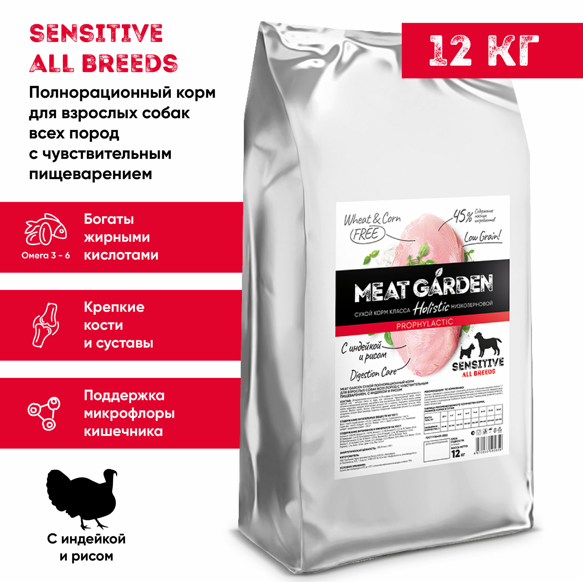 Сухой корм Meat Garden "All Breeds Sensitive", для собак, с индейкой, рисом, 12 кг