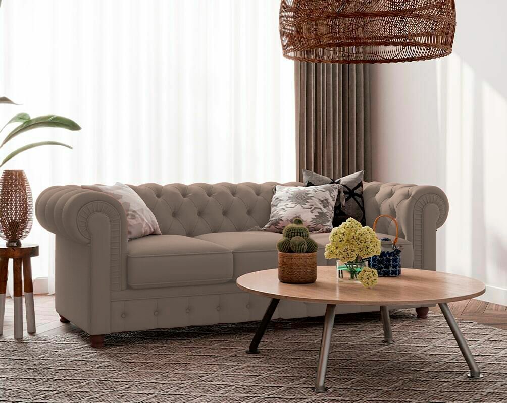 Диван-кровать прямой Chesterfield для гостиной c подлокотниками, бежевый, велюр, раскладной, 270х105х81см