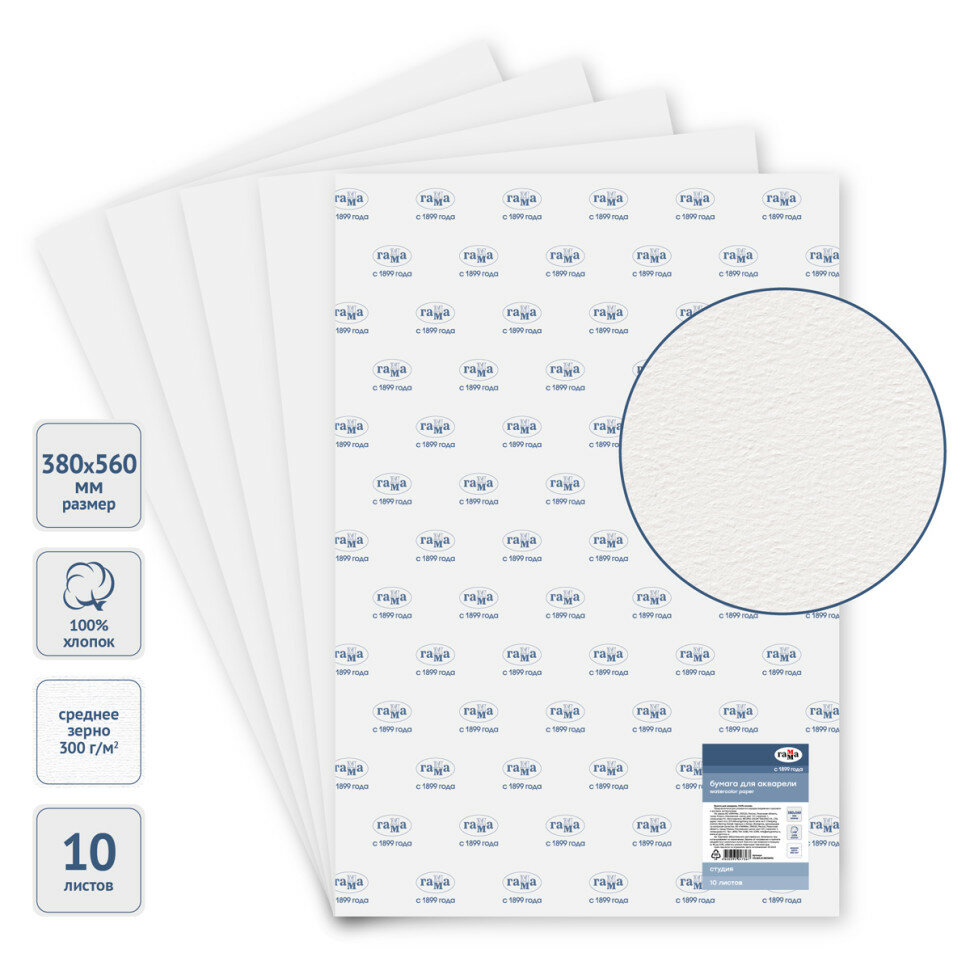Бумага для акварели, 10л, 380*560мм, Гамма "Студия", 300г/м2, среднее зерно, 100% хлопок, 362567