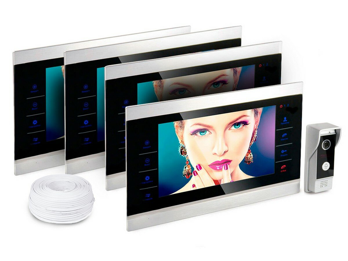 Комплект: цветной видеодомофон HDcom S-104 3 цветных монитора панель вызова. Запись видео по датчику движения