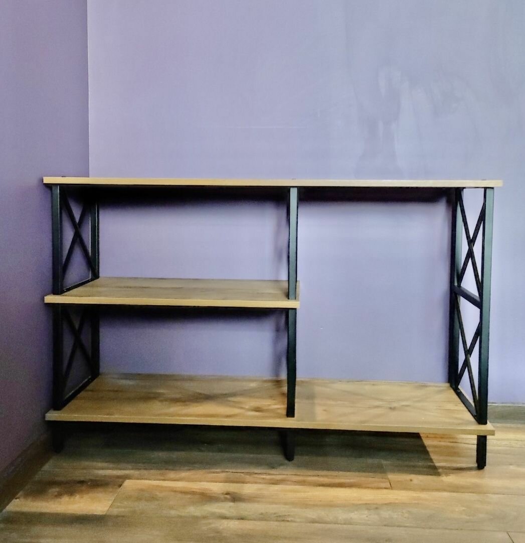 Стеллаж деревянный, низкий, широкий, для книг, напольный с металлокаркасом Лофт 2.0 тумба