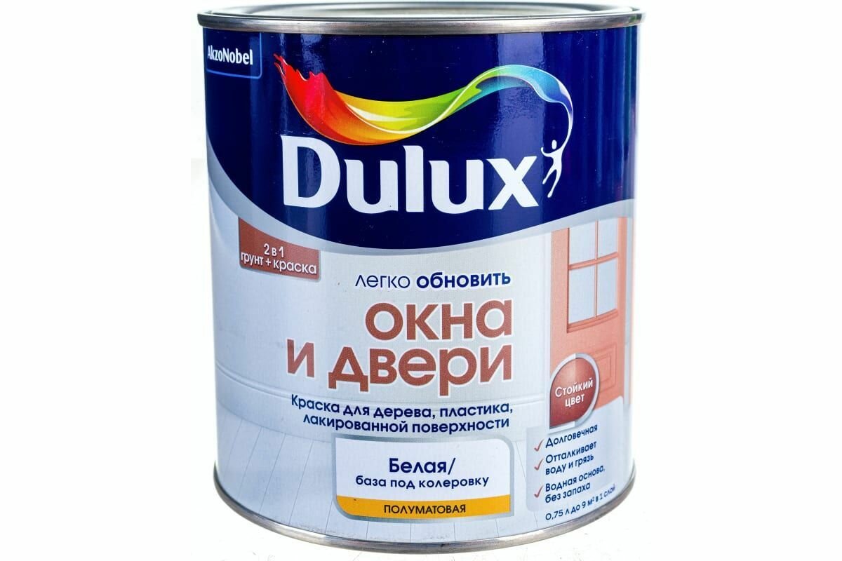 Краска Dulux. Полуматовая. База BW 0,75 л. Для дерева и пластика. Водно-дисперсионная. Окна и двери.
