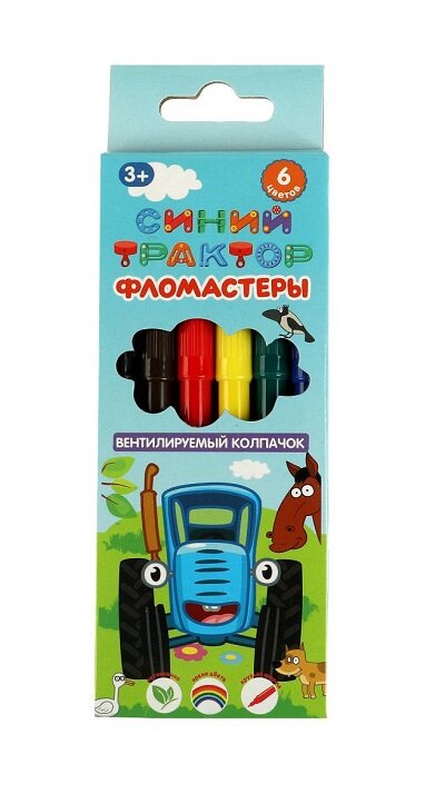 Фломастеры Синий трактор 6 цветов, круглые,