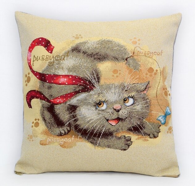 Наволочка Декоративная Гобеленовая 45х45 "Баловни Котенок с ленточкой 45*45"