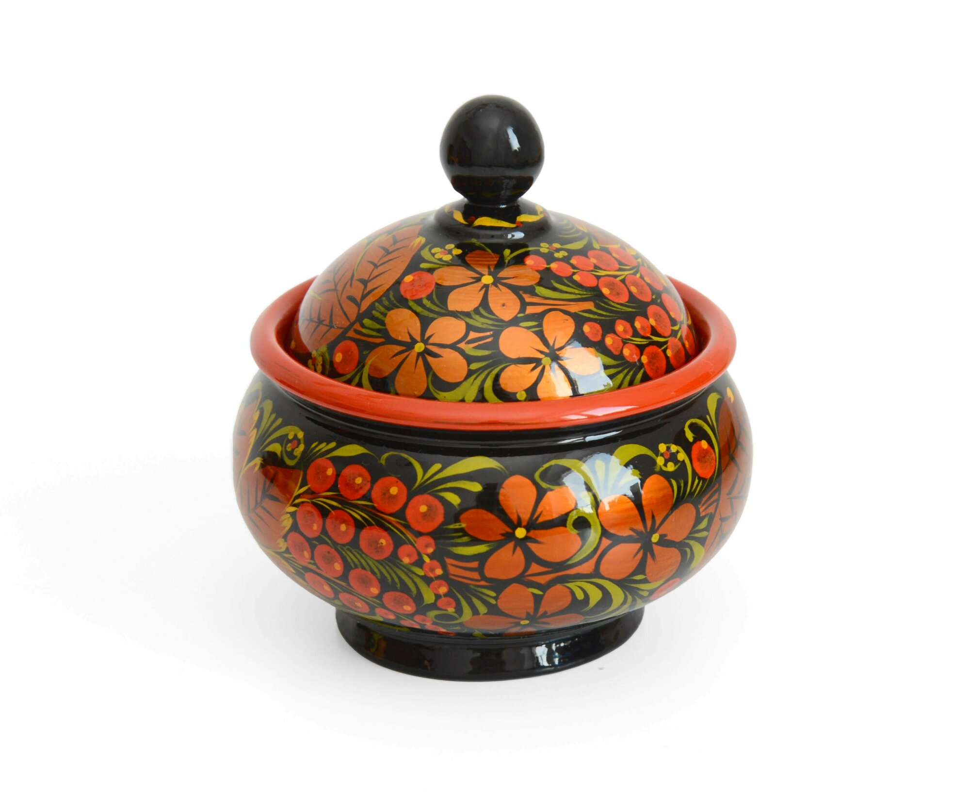 Сахарница деревянная расписная хохлома, солонка "Рябина", 300 мл