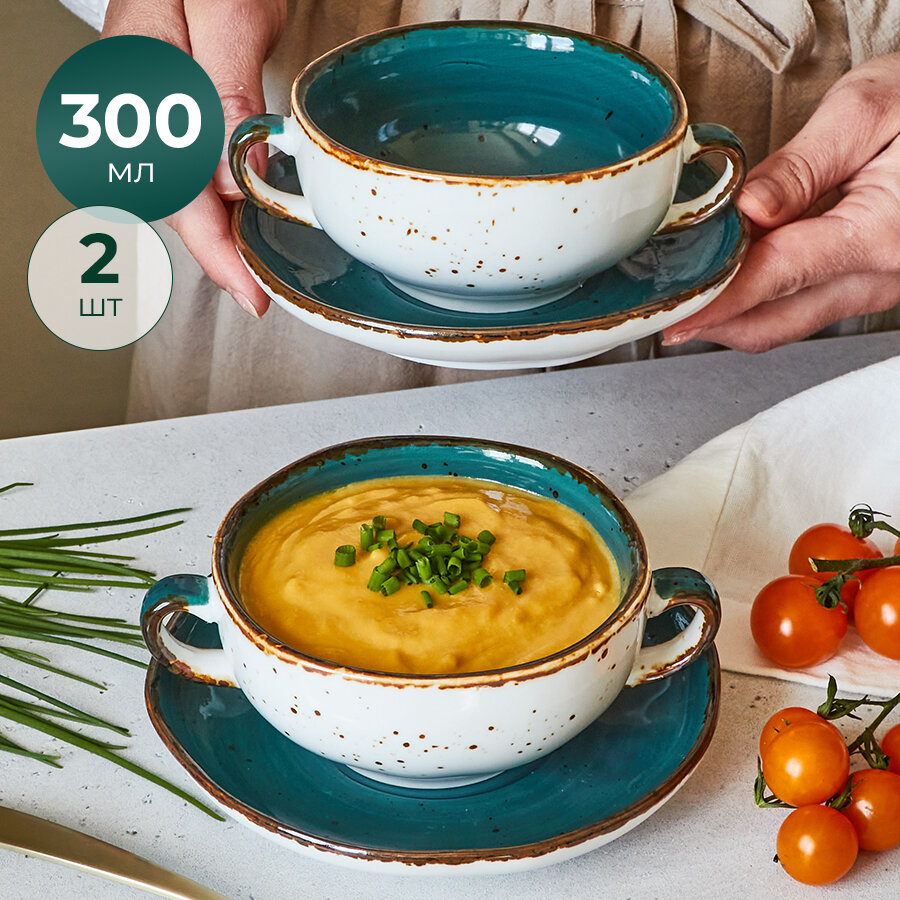 Набор фарфоровых бульонных пар Fusion 300 мл, 2 бульонницы с блюдцами
