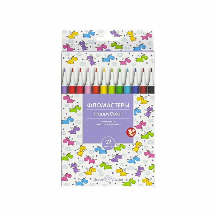 Фломастеры 12 цветов Bruno Visconti HappyColor, Единороги